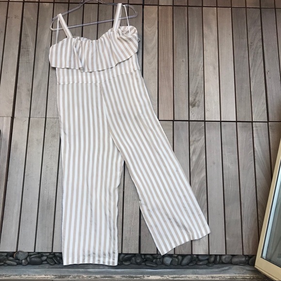 Zara | Pants & Jumpsuits | Zara Trf Collection Tan White Striped Jumper ...